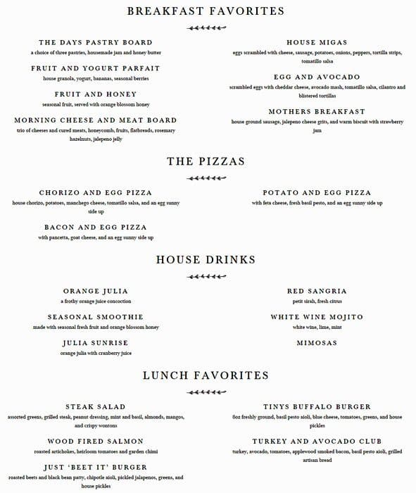 Menu at Tiny Boxwoods restaurant, Houston