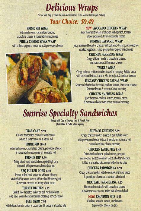 Menu at Sunrise Diner restaurant, Croydon, 416 Bristol Pike