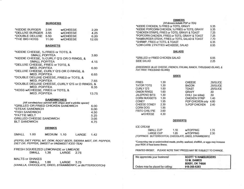 Menu at Scott's Hamburgers restaurant, Bixby