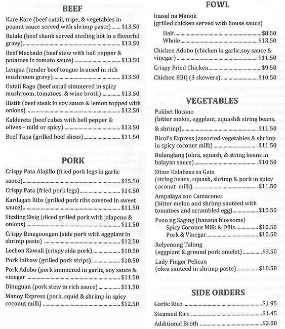 Menu at Karilagan restaurant, South San Francisco