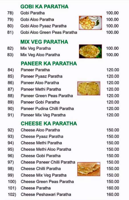 Menu at Paratha Express, Pune