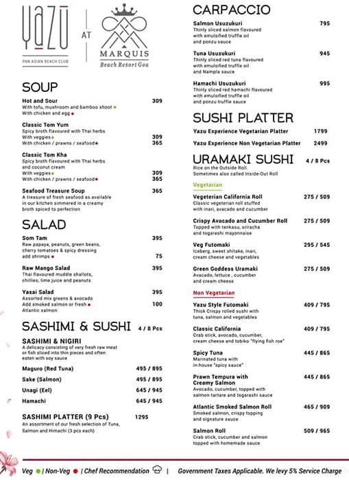 Menu of Yazu - Pan Asian Beach Club, Candolim, Goa