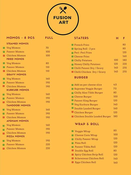 Menu of Fusion Art, Sector 15, Dwarka, New Delhi
