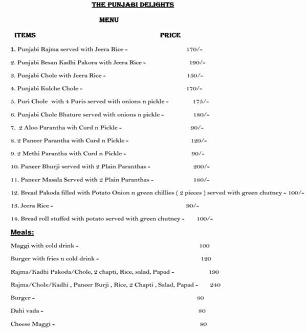 Menu of The Punjabi Delights, Kandivali East, Mumbai