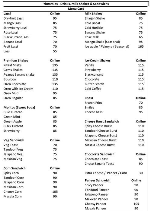 Menu of Yummies, Porur, Chennai
