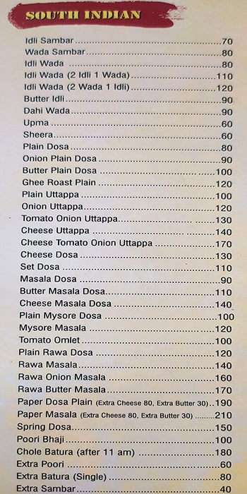 Menu of Sai Sagar Pure Veg Restaurant, Morjim, Goa