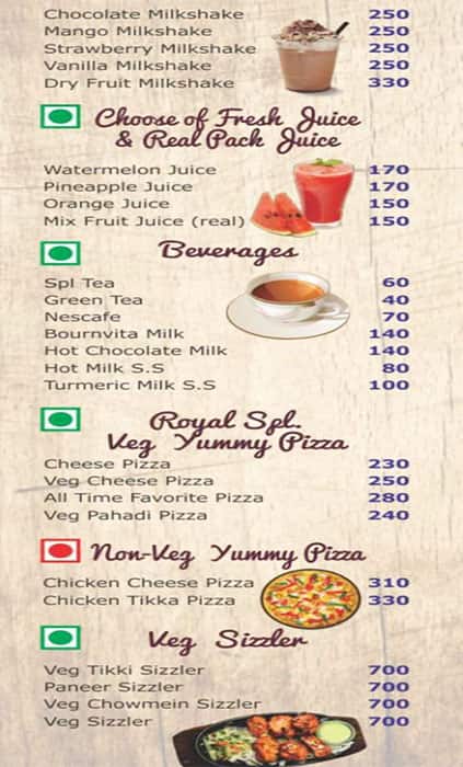 Menu of Royal Garden Resort Family Restaurant Bar Mira Road Mumbai