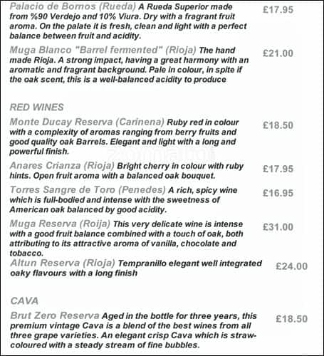 Menu at La Viña restaurant, London, 3 Wightman Rd.