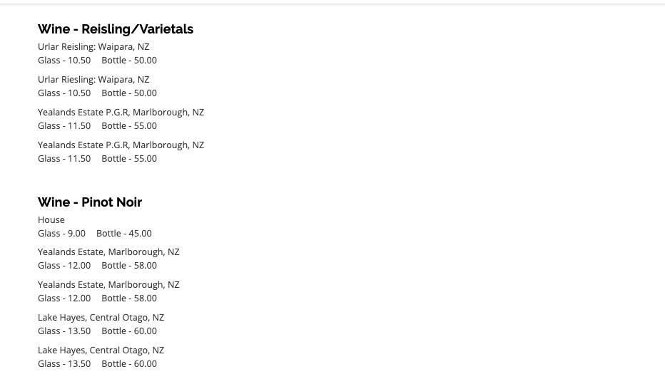 Menu at Concrete pub & bar, Wellington