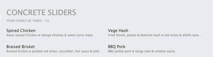 Menu at Concrete pub & bar, Wellington