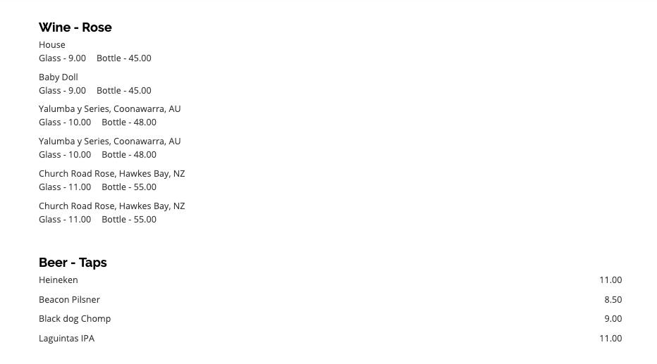 Menu at Concrete pub & bar, Wellington