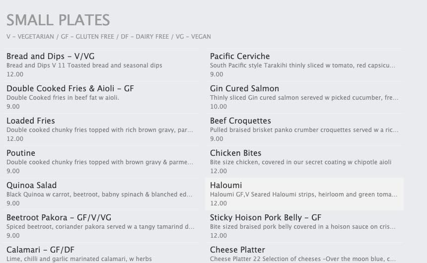 Menu at Concrete pub & bar, Wellington