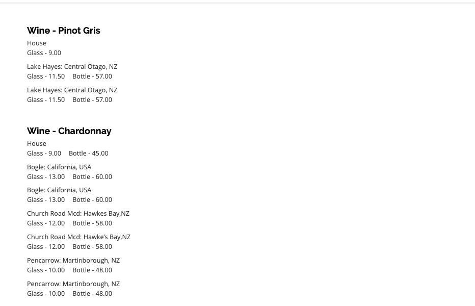 Menu at Concrete pub & bar, Wellington