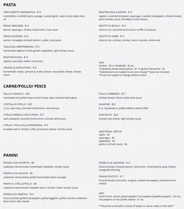 Menu at Mezza Notte pizzeria, Toronto, Yonge St