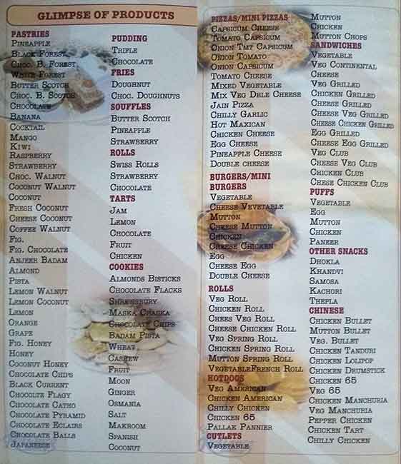 Menu at Reliance Bakery, Hyderabad, Sardar Patel Rd