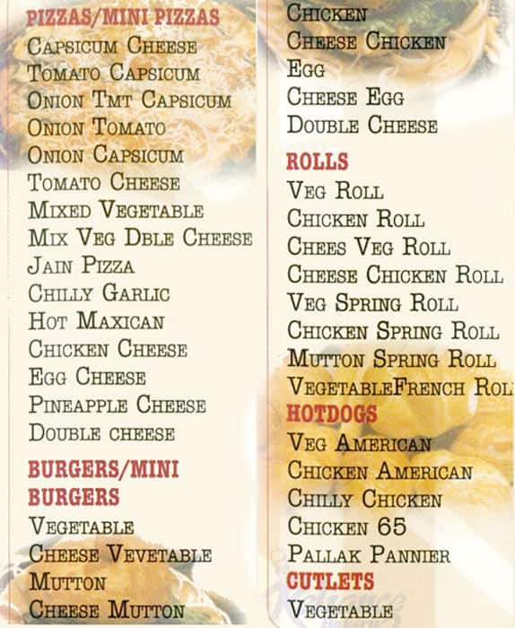 Menu at Reliance Bakery, Hyderabad, Sardar Patel Rd