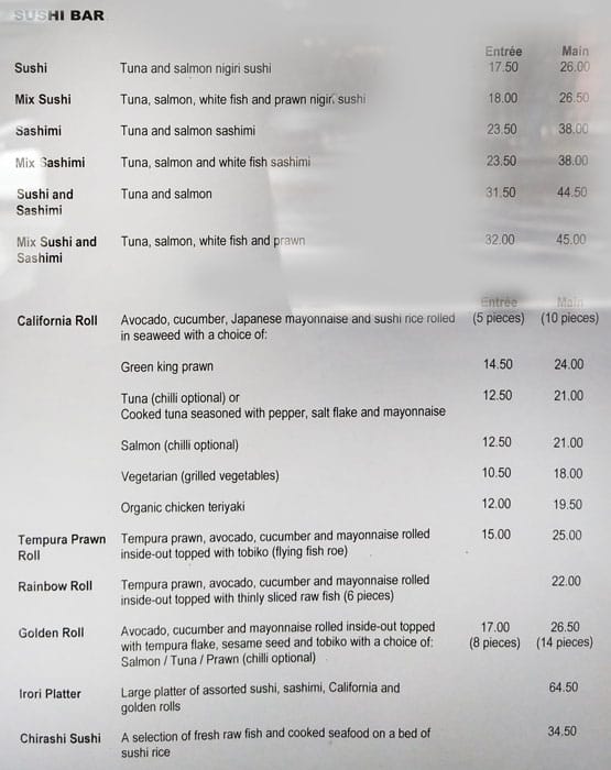 Menu at Irori Japanese Restaurant, Brighton