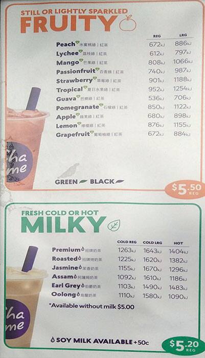 Menu at Chatime restaurant, Melbourne, 287 Lonsdale St