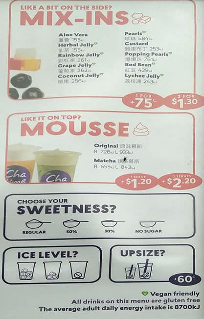 Menu at Chatime restaurant, Melbourne, 287 Lonsdale St