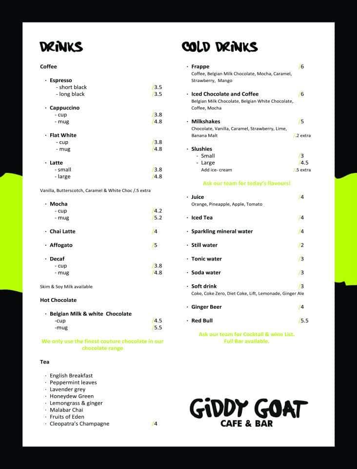Menu at Giddy Goat Cafe & Bar, Rockhampton City