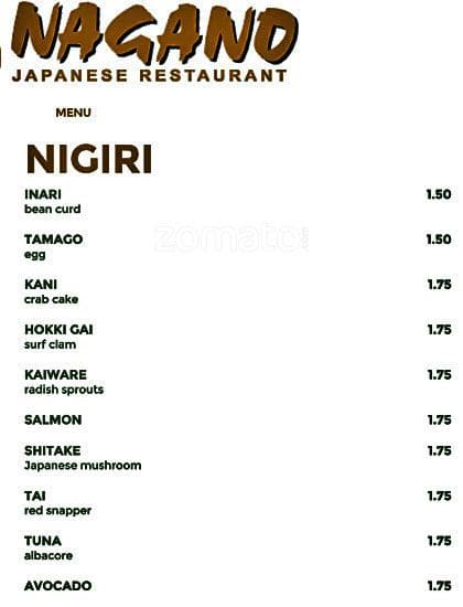 Menu at Nagano Japanese Restaurant, Coquitlam, Glen Dr