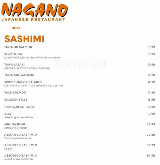 Menu at Nagano Japanese Restaurant, Coquitlam, Glen Dr