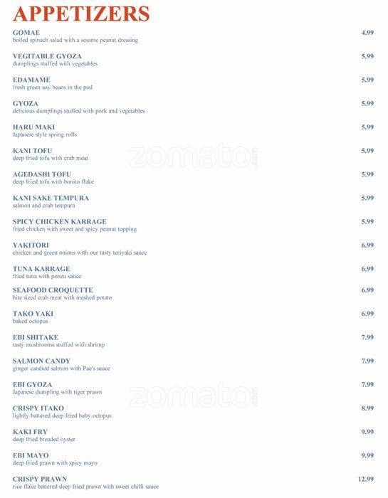 Menu at Nagano Japanese Restaurant, Coquitlam, Glen Dr