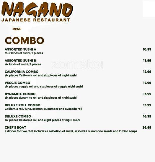 Menu at Nagano Japanese Restaurant, Coquitlam, Glen Dr