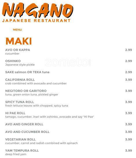 Menu at Nagano Japanese Restaurant, Coquitlam, Glen Dr
