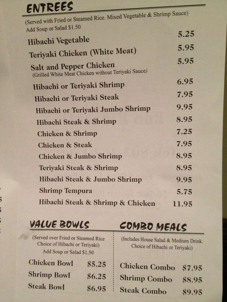 Menu at Edo Hibachi restaurant, Columbia