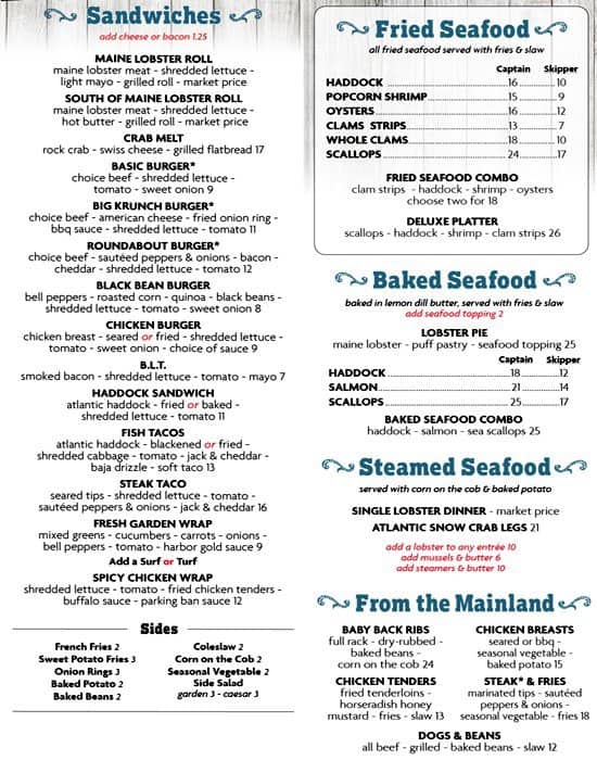 Menu at Kaler's restaurant, Boothbay Harbor