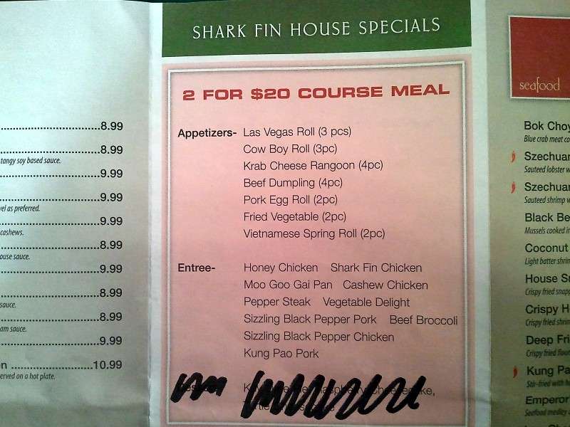 Menu at SharkFin restaurant, Pensacola