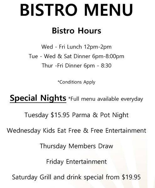 Menu at Keilor East RSL pub & bar, Essendon West