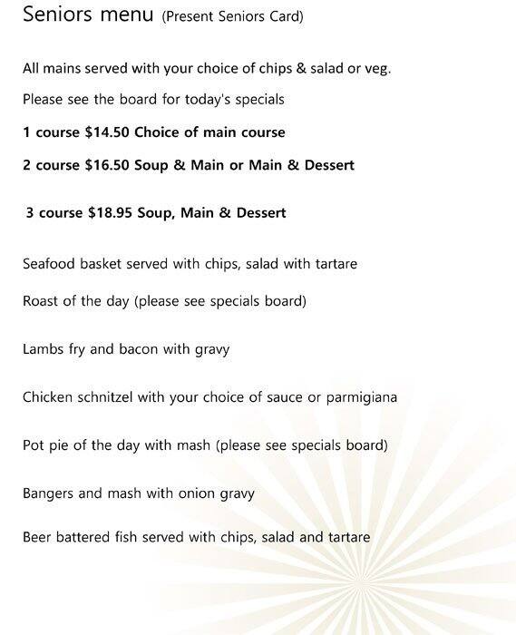 Menu at Keilor East RSL pub & bar, Essendon West