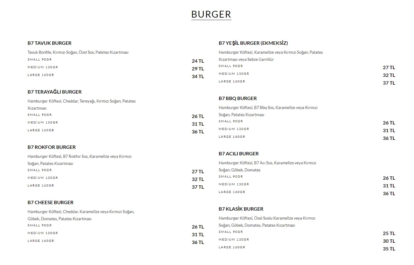 Menu at BURGER 7, Istanbul, İdealist Kent Cd. No:447