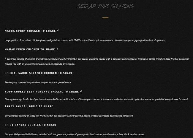 Menu at Sedap Place restaurant, East Victoria Park