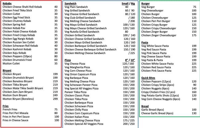 Menu at Zuha's Kebab Corner, Mumbai