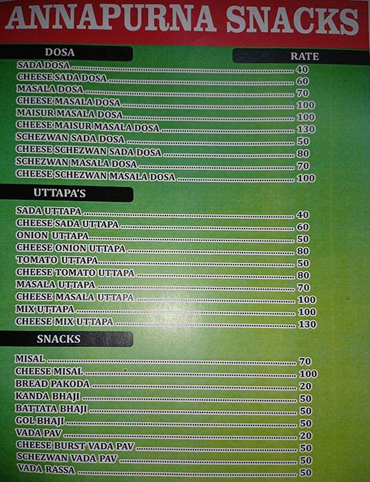 Menu of Annapurna Snacks, Old Panvel, Navi Mumbai