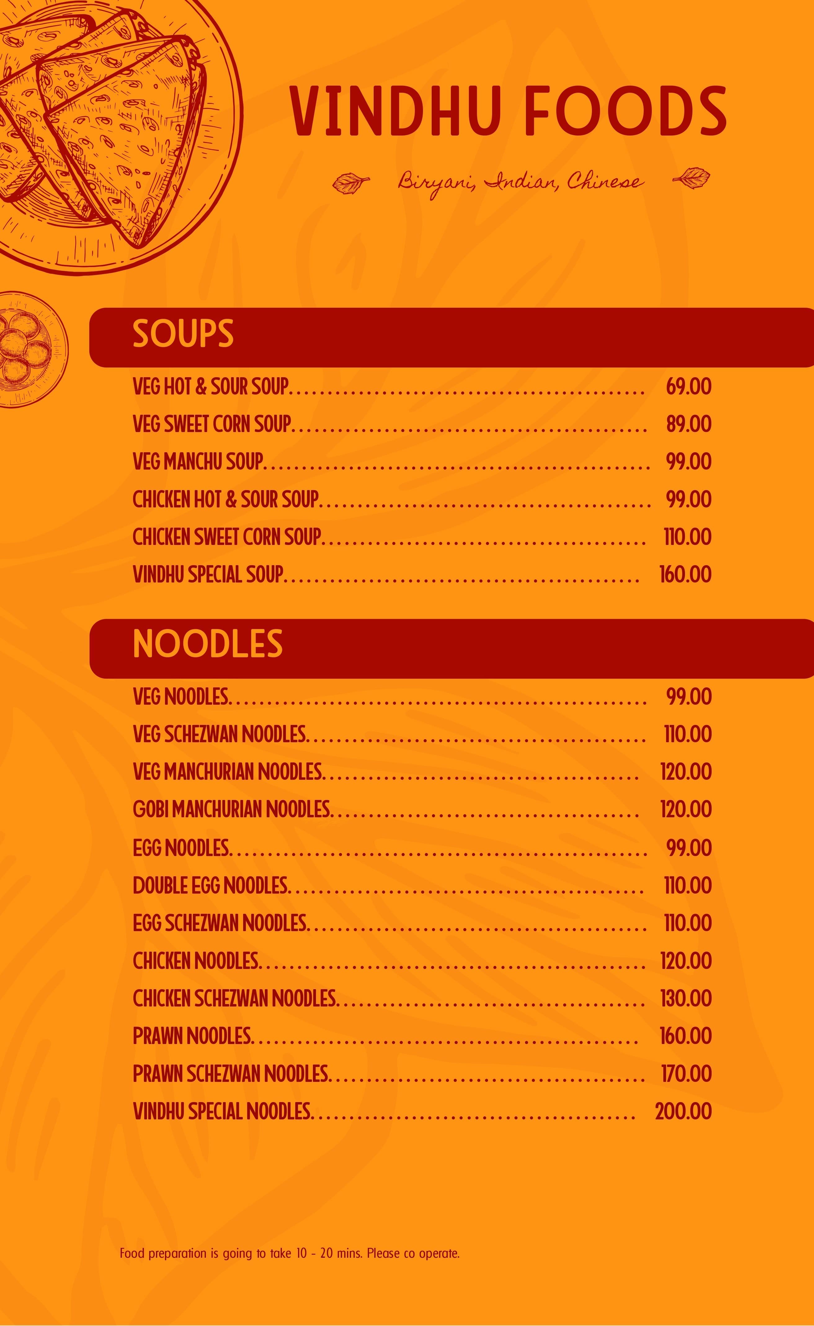 Menu of Vindhu Foods, Gachibowli, Hyderabad