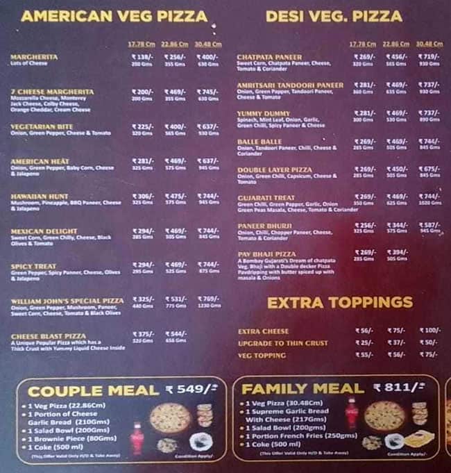 Menu of William John's Pizza, Bopal, Ahmedabad
