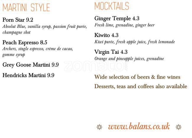 Menu at Balans West restaurant, London, Ariel Way