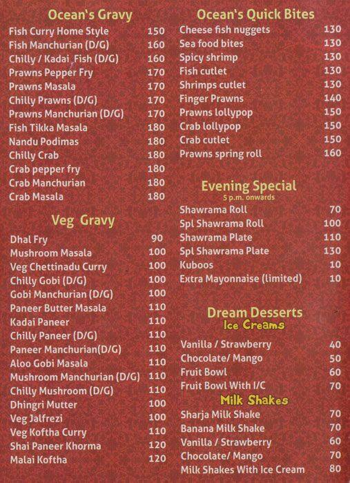 Menu at Hotel Sha's, Chennai