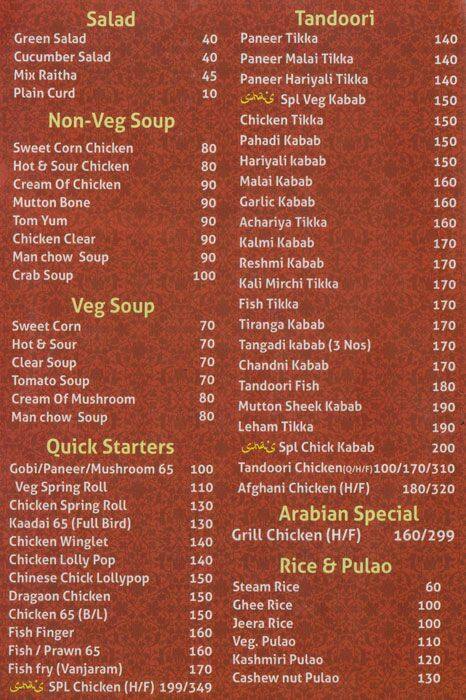 Menu at Hotel Sha's, Chennai