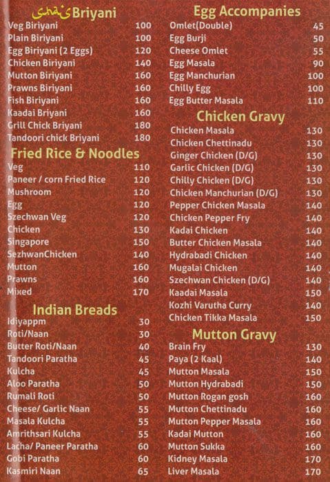 Menu at Hotel Sha's, Chennai