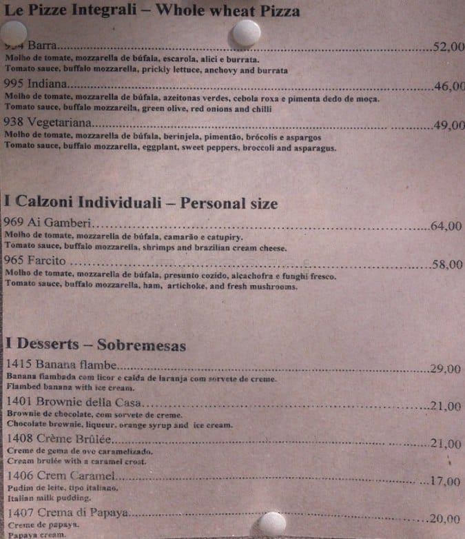 Menu em Fratelli restaurante, Rio de Janeiro, Av. Lúcio Costa