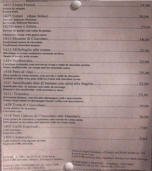 Menu em Fratelli restaurante, Rio de Janeiro, Av. Lúcio Costa