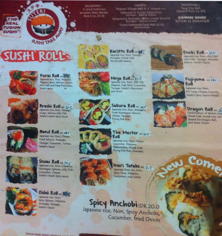 Menu at Suteki Sushi, Jakarta, Oakwood