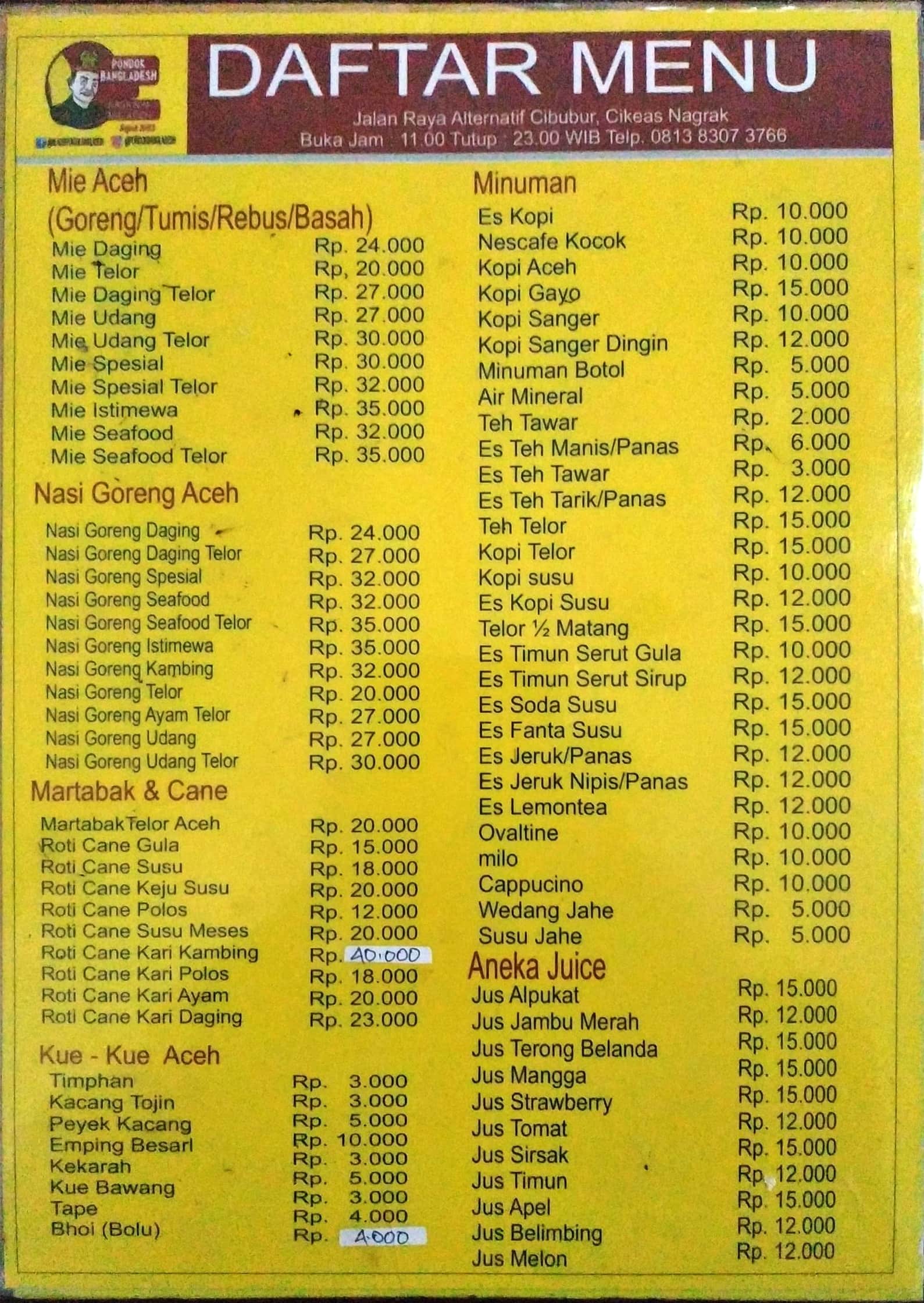 Menu at Pondok Bangladesh Rajanya Mie Aceh restaurant, Depok, Jalan ...