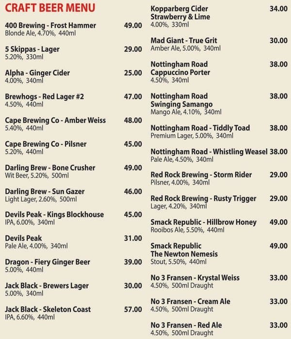 Menu at Elephant & Friends pub & bar, Centurion, High Park Centre