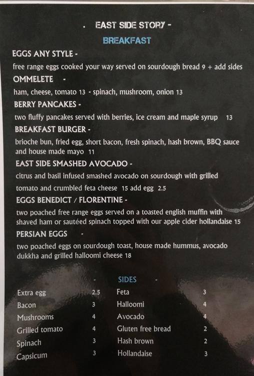 Menu at East Side Story cafe, East Melbourne